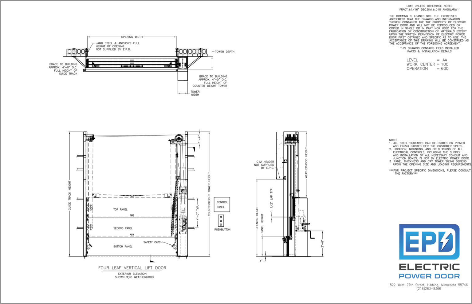 Three Panel Exterior Vertical Lift Door - Electric Power Door